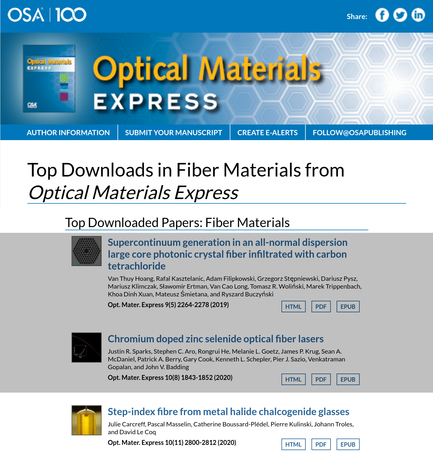 Top Downloads dans Optical Materials Express – Laboratoire de Physico-Chimie de l’Atmosphère ...